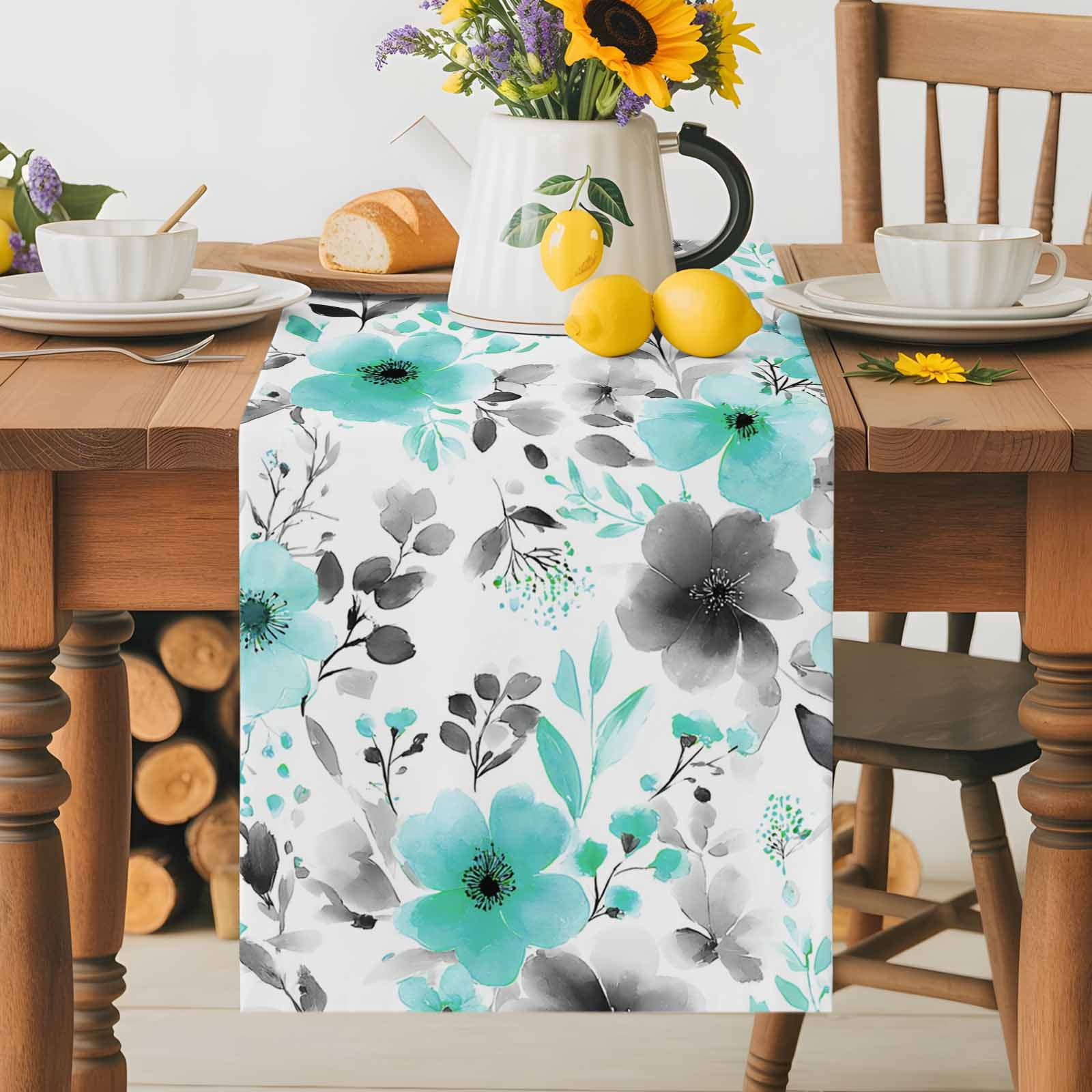 Burlap Table Runner 120 Inches Long, Watercolor Teal Gray Flowers ...