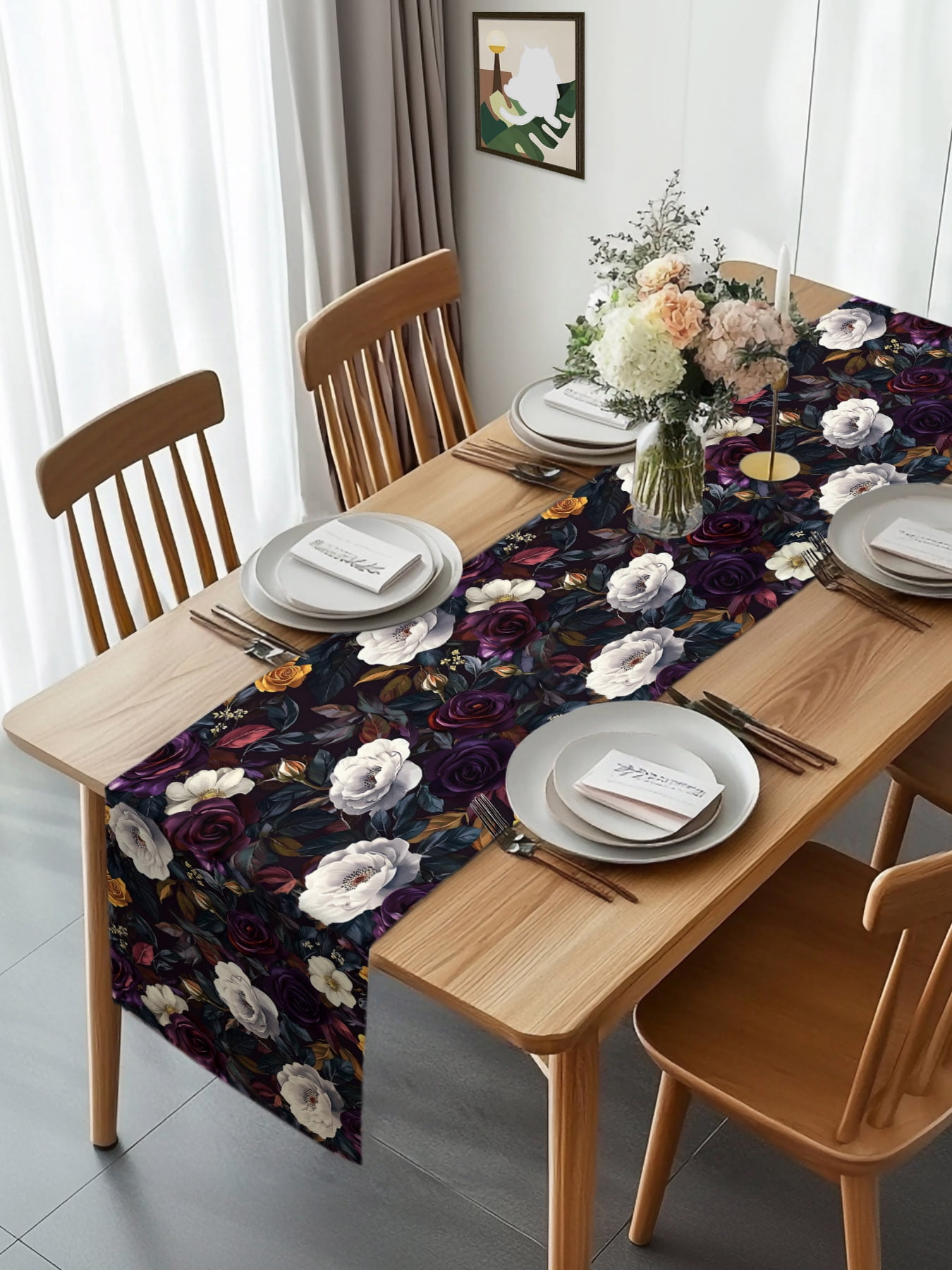 Burlap Table Runner 120 Inches Long, Watercolor White Purple Flowers ...