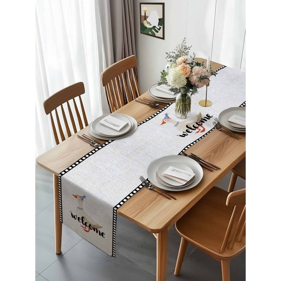 Burlap Table Runner 120 Inches Long, Welcome Words Animals Gooses Non ...