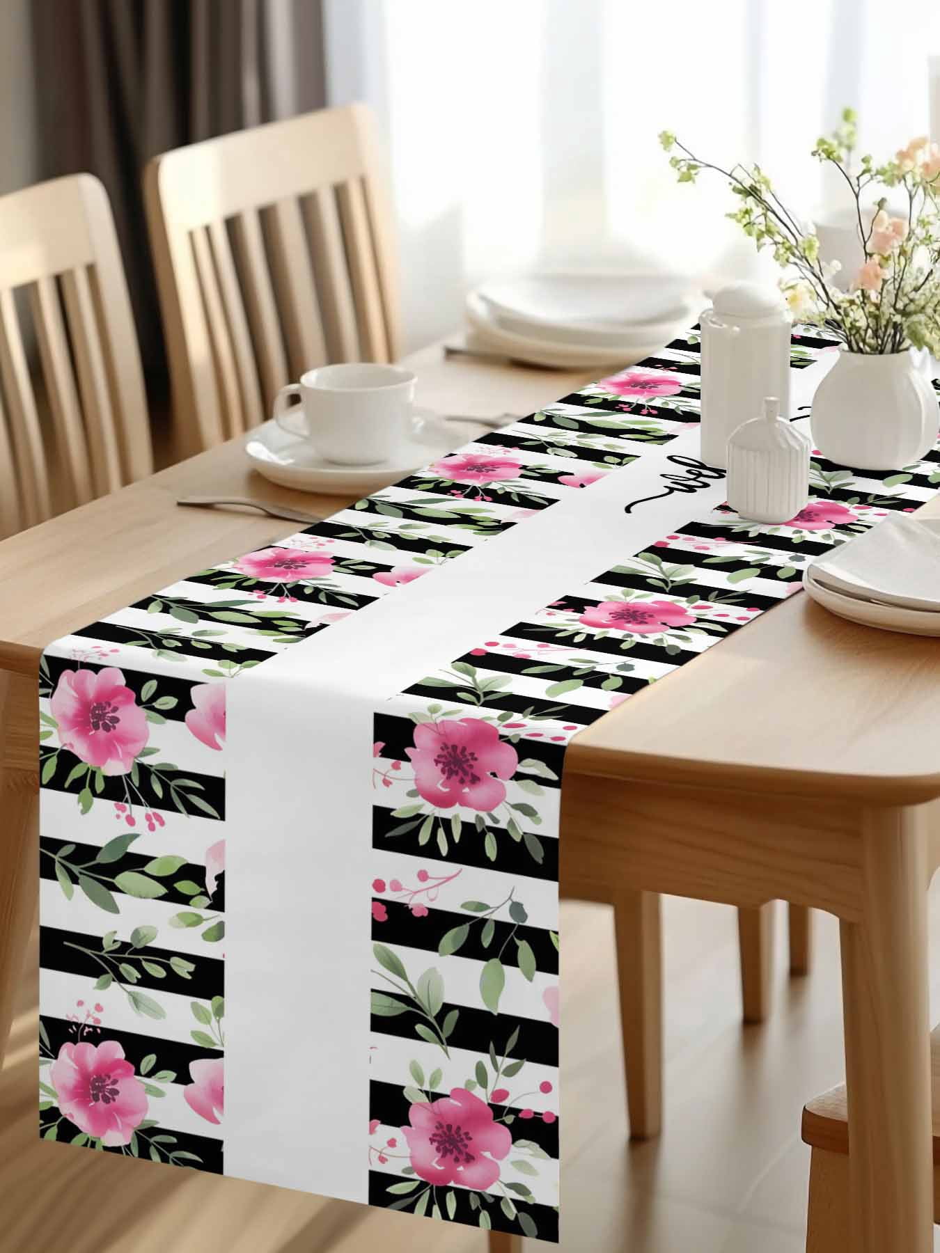 Burlap Table Runner 120 Inches Long, Welcome Words Pink Flowers Non ...
