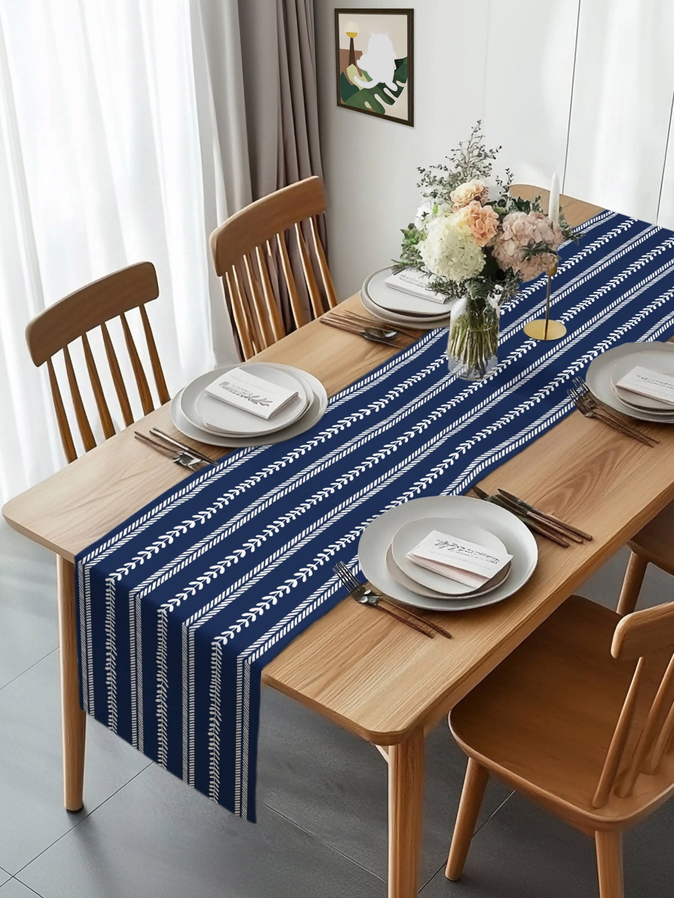 Burlap Table Runner 120 Inches Long, White Leaf Stripe Dark Blue Non ...