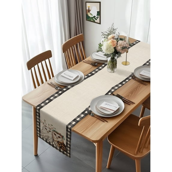 Burlap Table Runner 120 Inches Long, Winter Owls with Berry Leaf Non ...