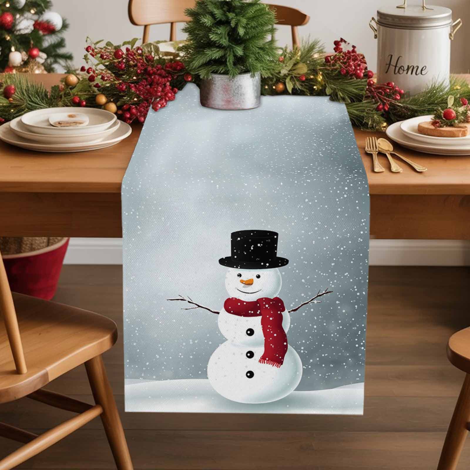 Burlap Table Runner 120 Inches Long,Winter Snowman Christmas Snow Scene ...