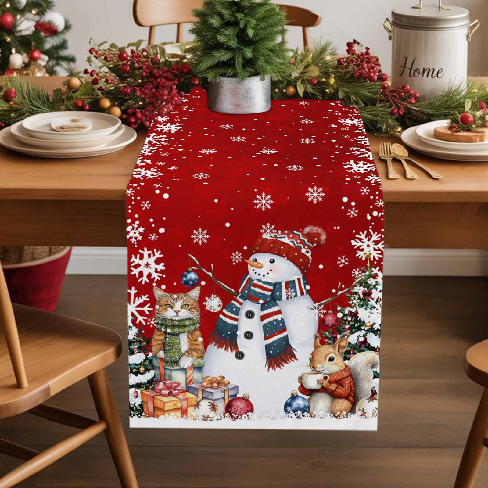 Burlap Table Runner 120 Inches Long,Xmas Snowman Snowflake Tree on Red ...