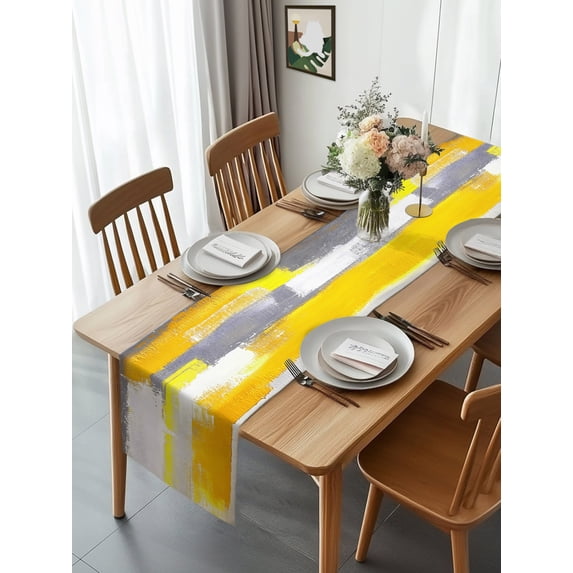 Burlap Table Runner 120 Inches Long, Yellow Gray Oil Painting Style Non ...
