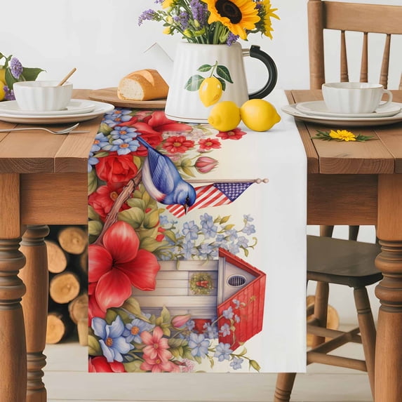 Burlap Table Runner 36 Inches Long, 4th of July Blossom Flower Bird ...