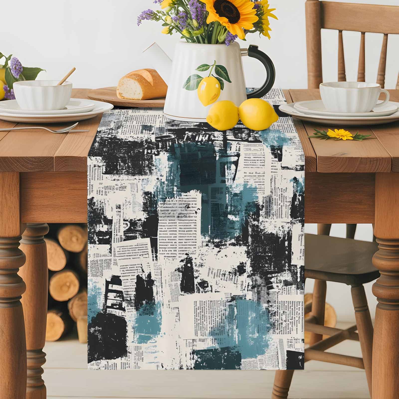 Burlap Table Runner 36 Inches Long, Abstract Black Blue Color Block Non ...
