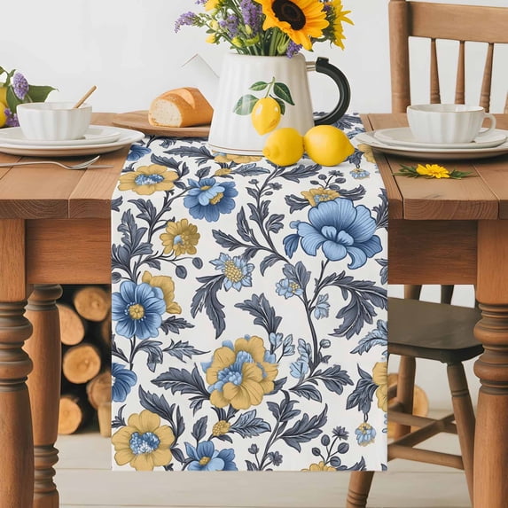 Burlap Table Runner 36 Inches Long, Abstract Blue Yellow Blossom Flower ...