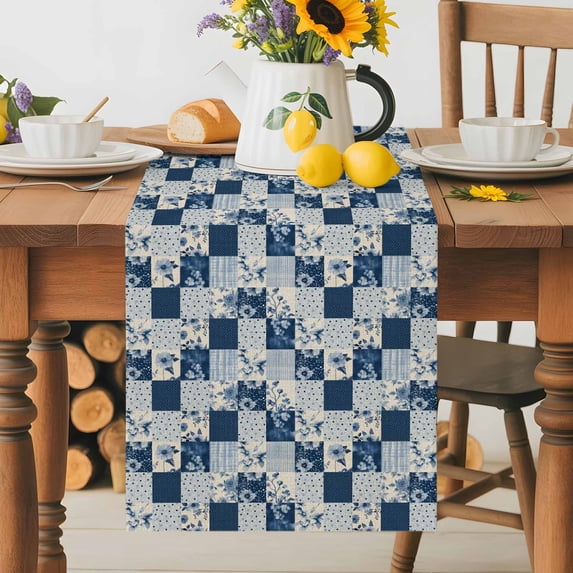 Burlap Table Runner 36 Inches Long, Abstract Checkered Wild Flower Non ...