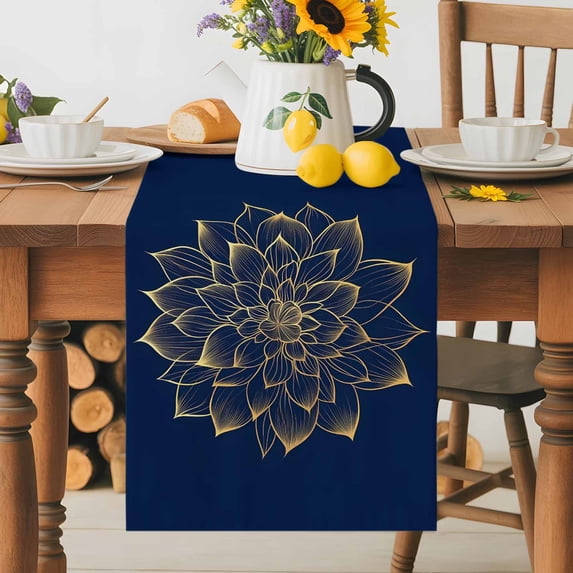 Burlap Table Runner 36 Inches Long, Abstract Golden Floral Art Non-Slip ...