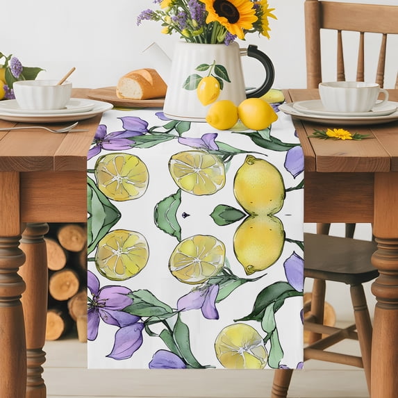 Burlap Table Runner 36 Inches Long, Abstract Lemon Purple Wildflower ...