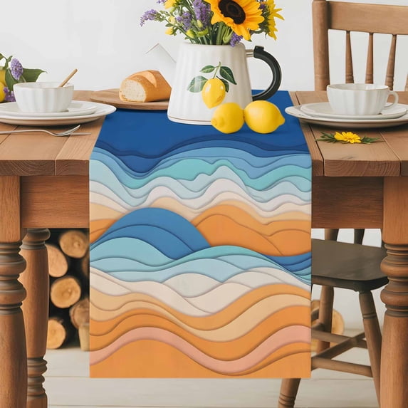 Burlap Table Runner 36 Inches Long, Abstract Orange Blue Ocean Waves ...