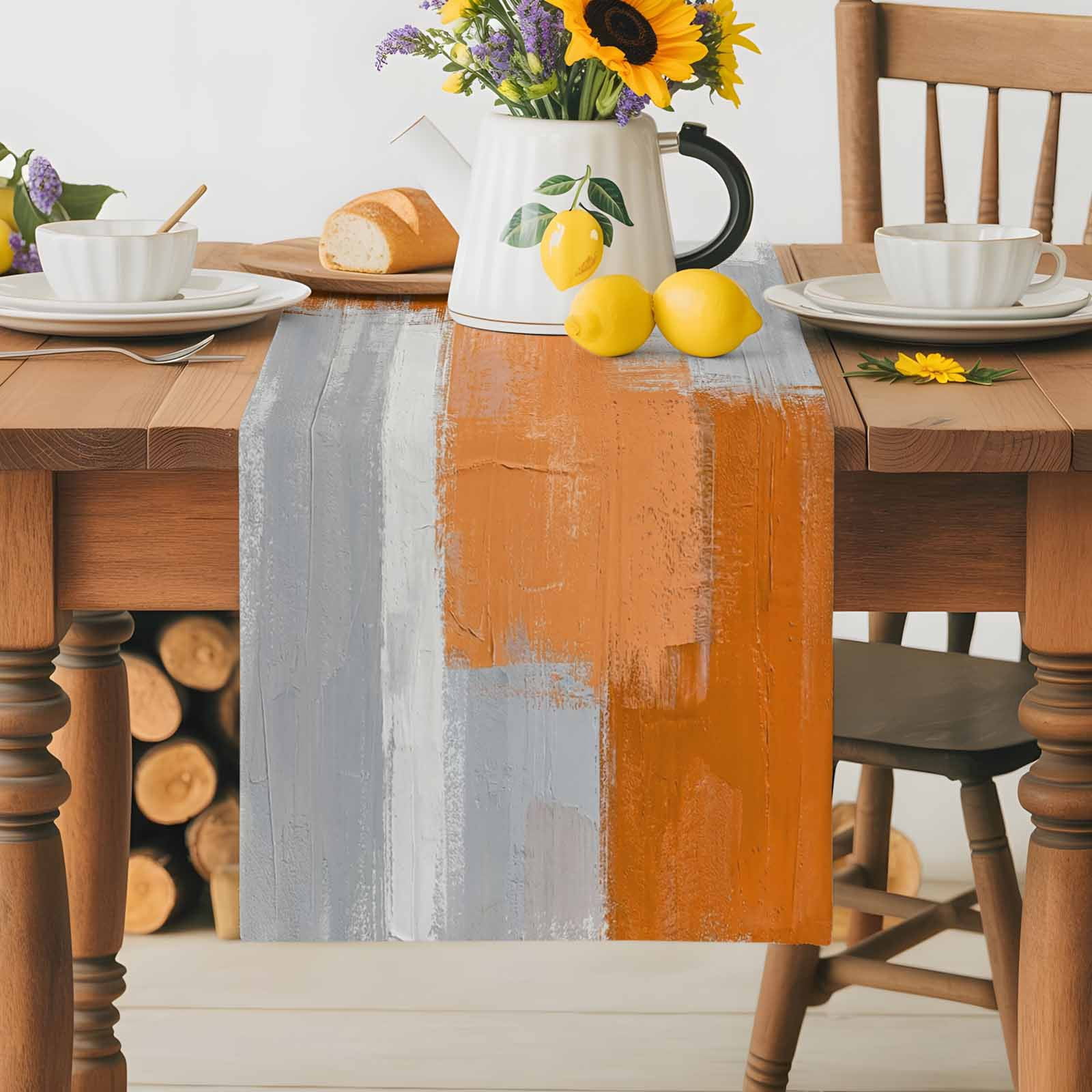 Burlap Table Runner 36 Inches Long, Abstract Orange Gray Color Block ...