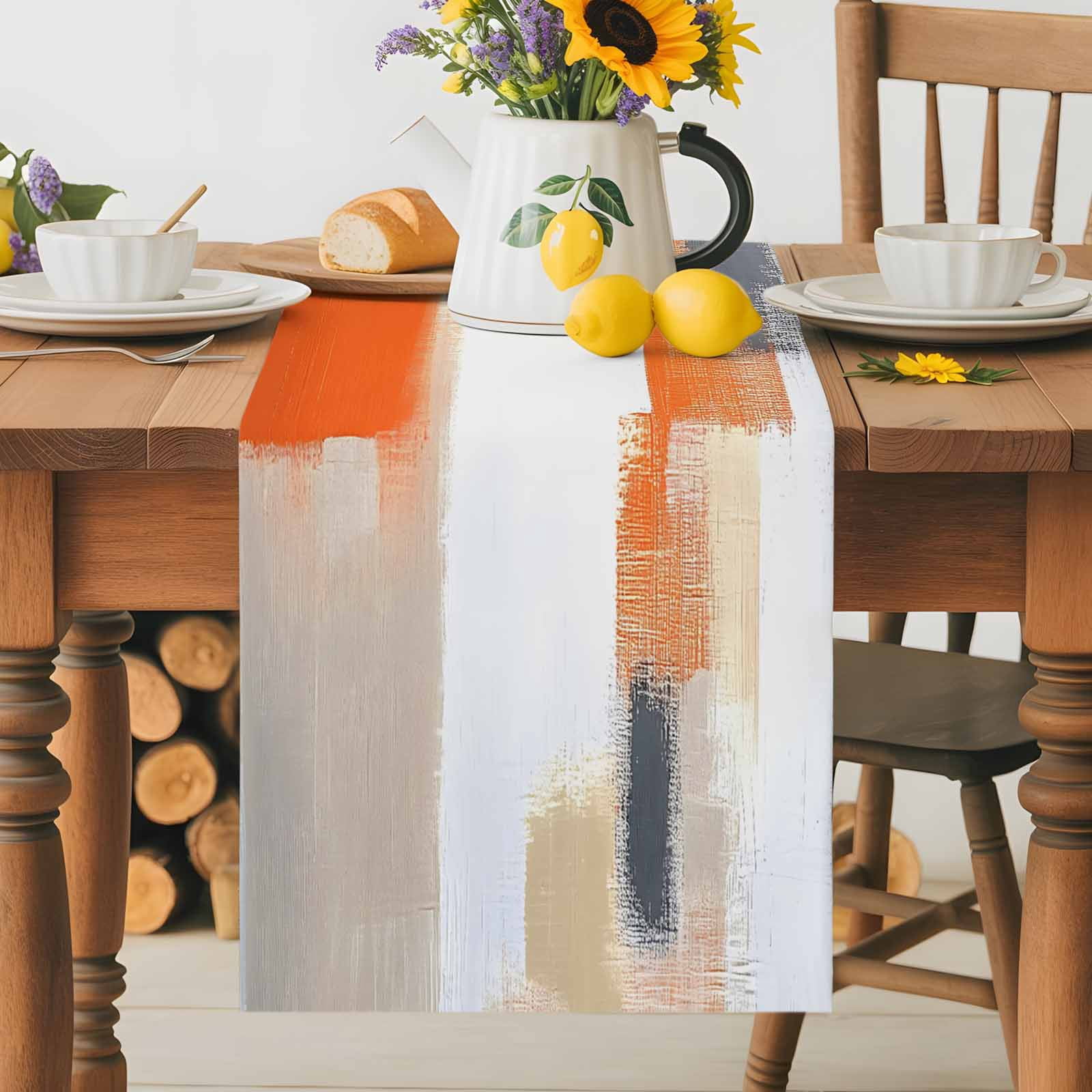 Burlap Table Runner 36 Inches Long, Abstract Orange Gray Square Non ...