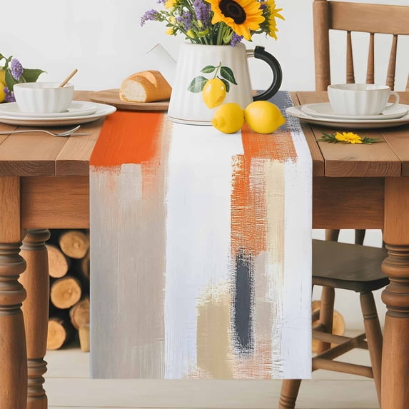Burlap Table Runner 36 Inches Long, Abstract Orange Gray Square Non ...