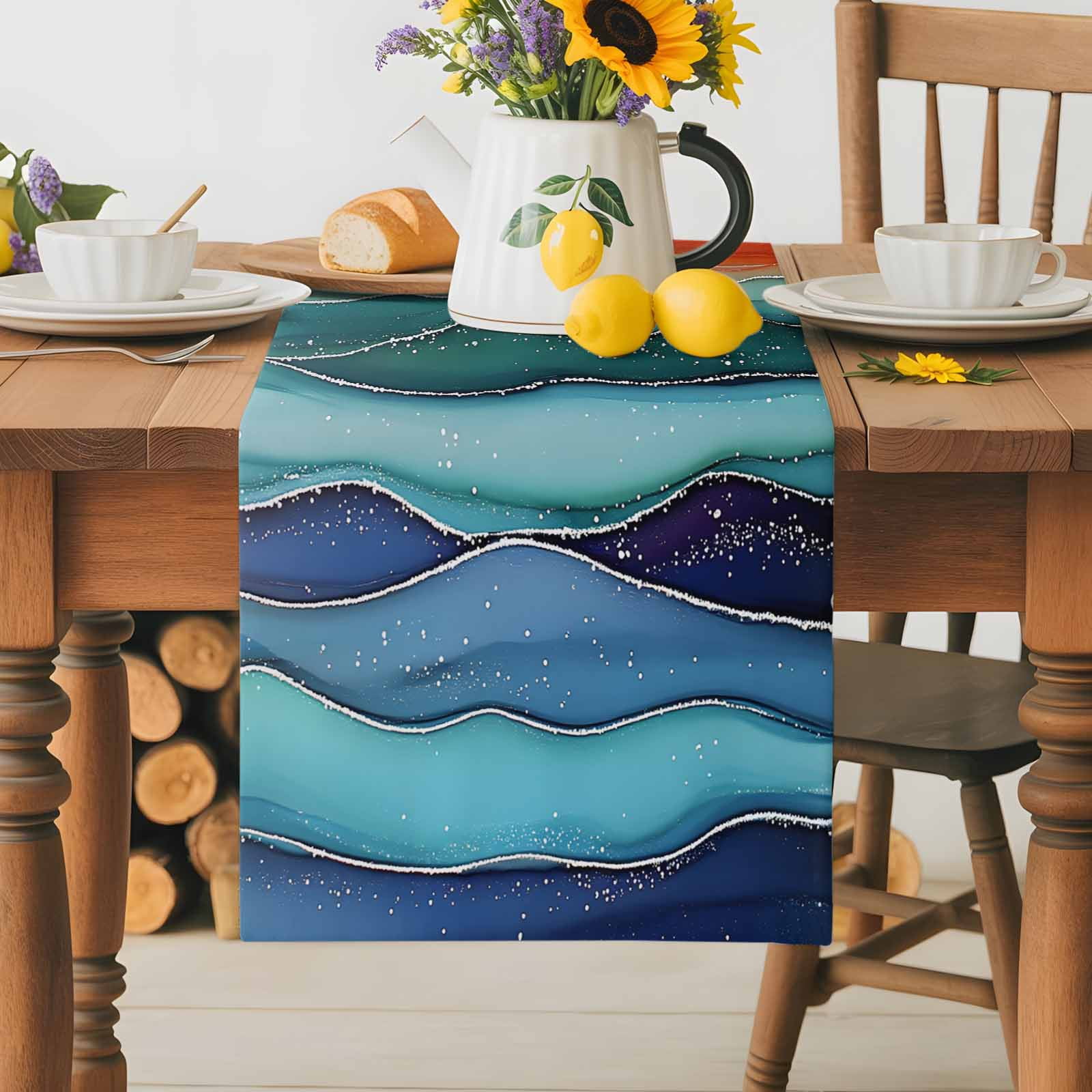 Burlap Table Runner 36 Inches Long, Abstract Rainbow Wave Marble ...