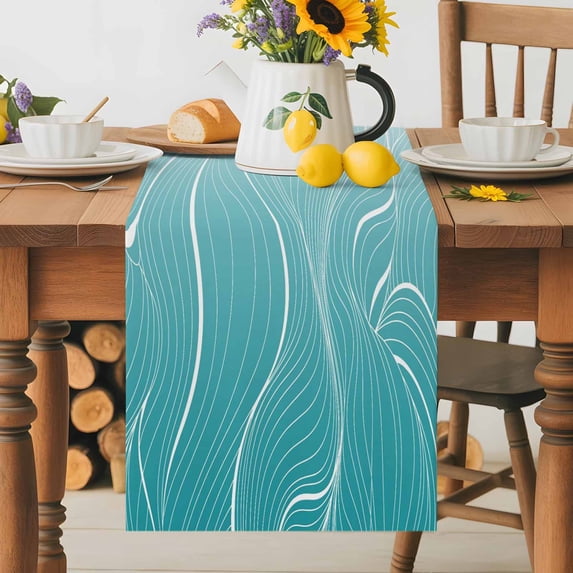 Burlap Table Runner 36 Inches Long, Abstract Wavy Stripes Teal Ombre ...