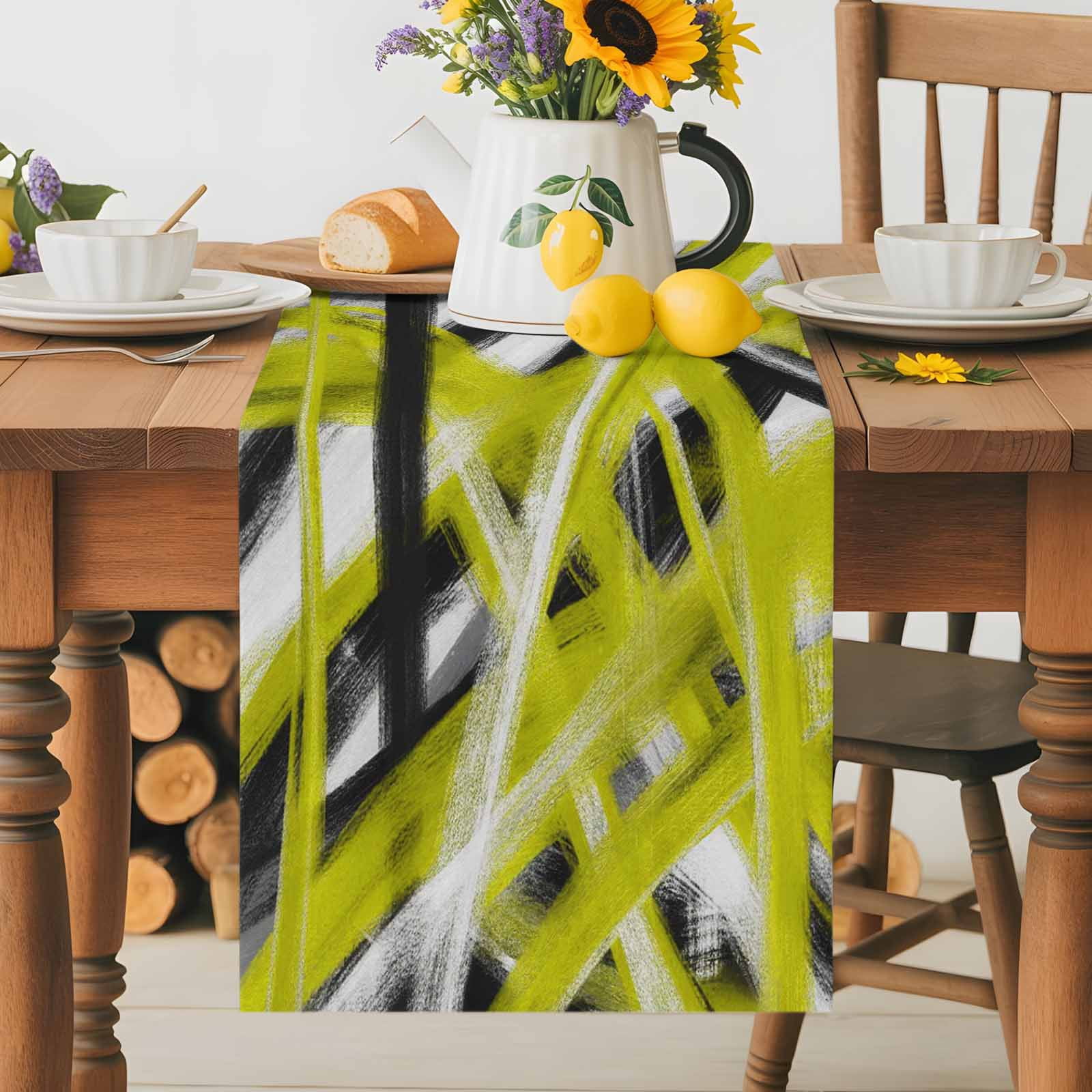 Burlap Table Runner 36 Inches Long, Abstract Yellow Black Lines Non ...