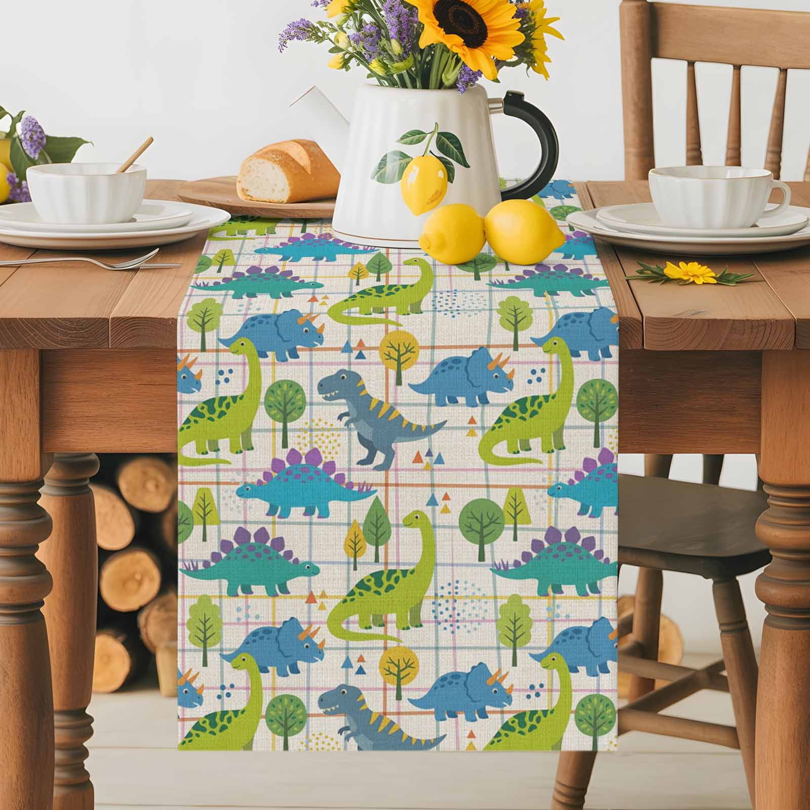 Burlap Table Runner 36 Inches Long, Blue Green Dinosaurs Cute Geometric ...
