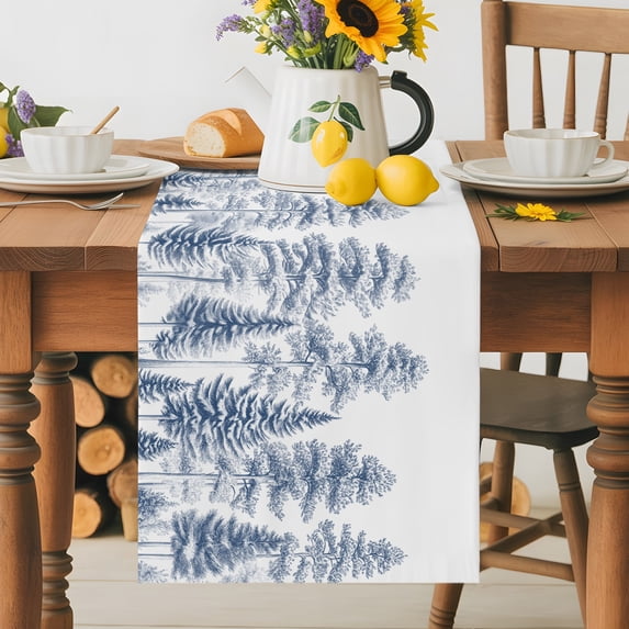 Burlap Table Runner 36 Inches Long, Blue Pine Tree Forest on White Non ...