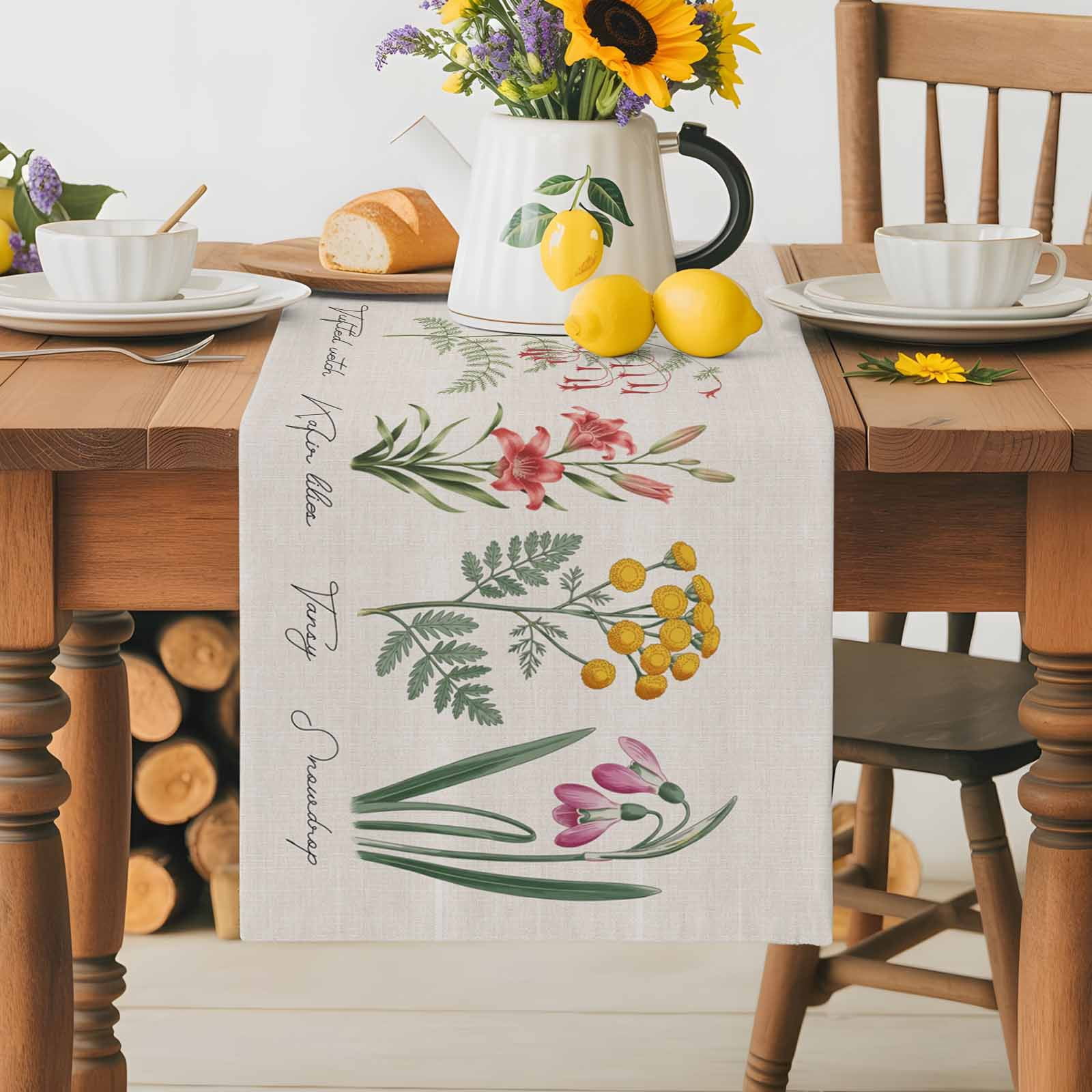 Burlap Table Runner 36 Inches Long,Blue Yellow Flower Wildflowers on ...