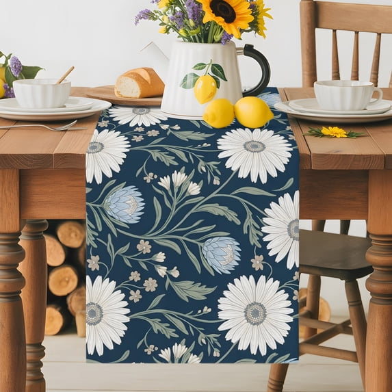 Burlap Table Runner 36 Inches Long, Bohemian White Blue Flowers Non ...