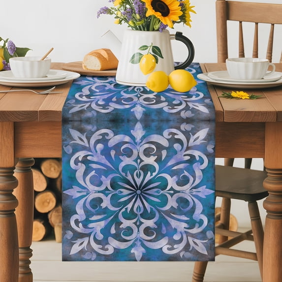 Burlap Table Runner 36 Inches Long, Boho Abstract Flower Pattern Non ...