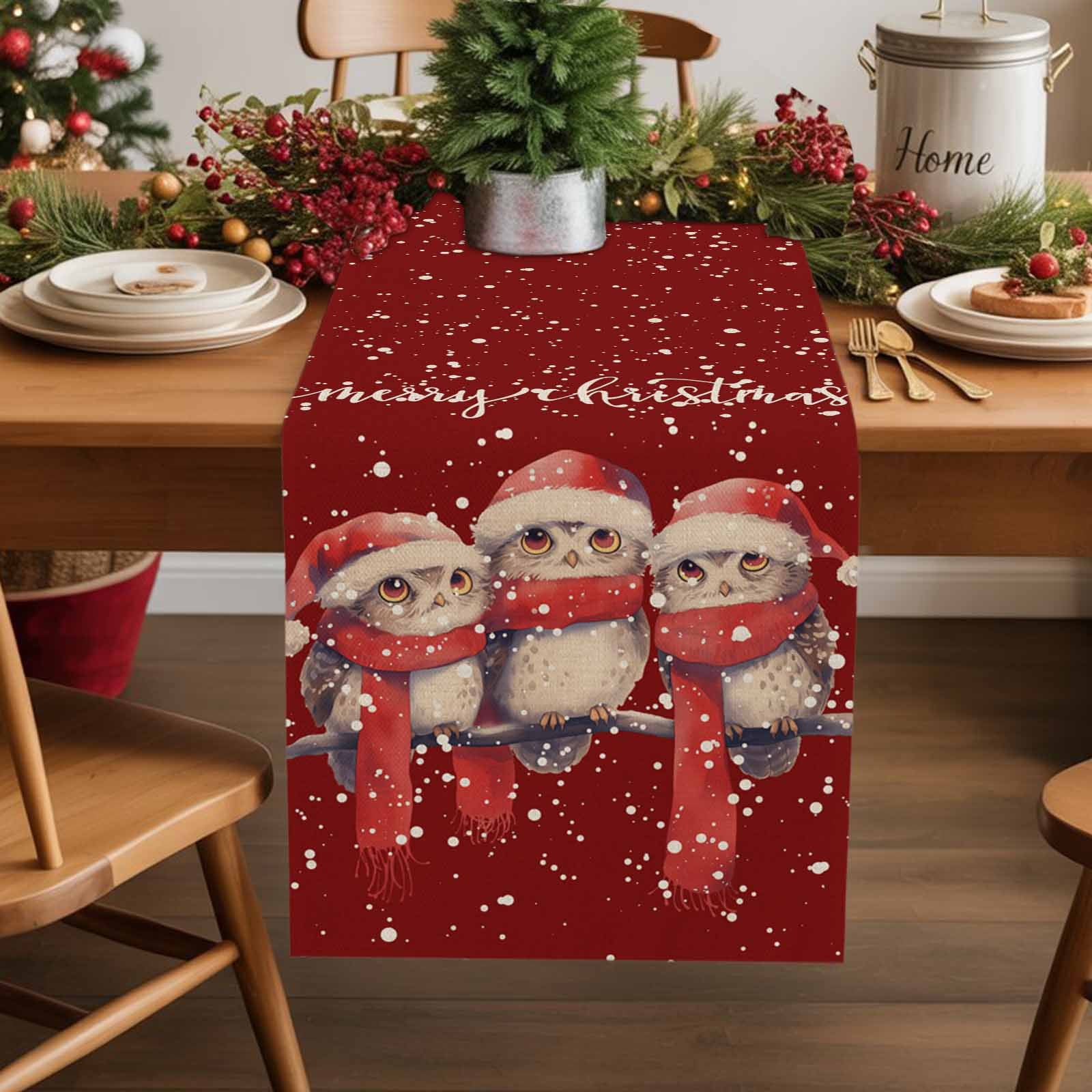 Burlap Table Runner 36 Inches Long,Cartoon Owl Christmas Snow on Red ...
