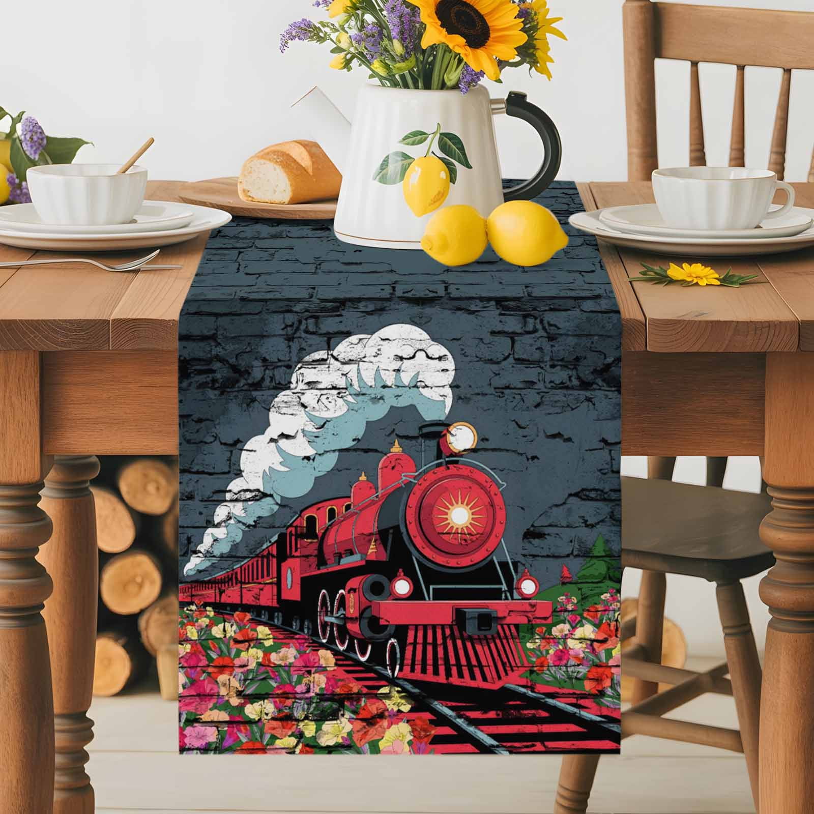 Burlap Table Runner 36 Inches Long, Cartoon Red Trains Watercolor ...