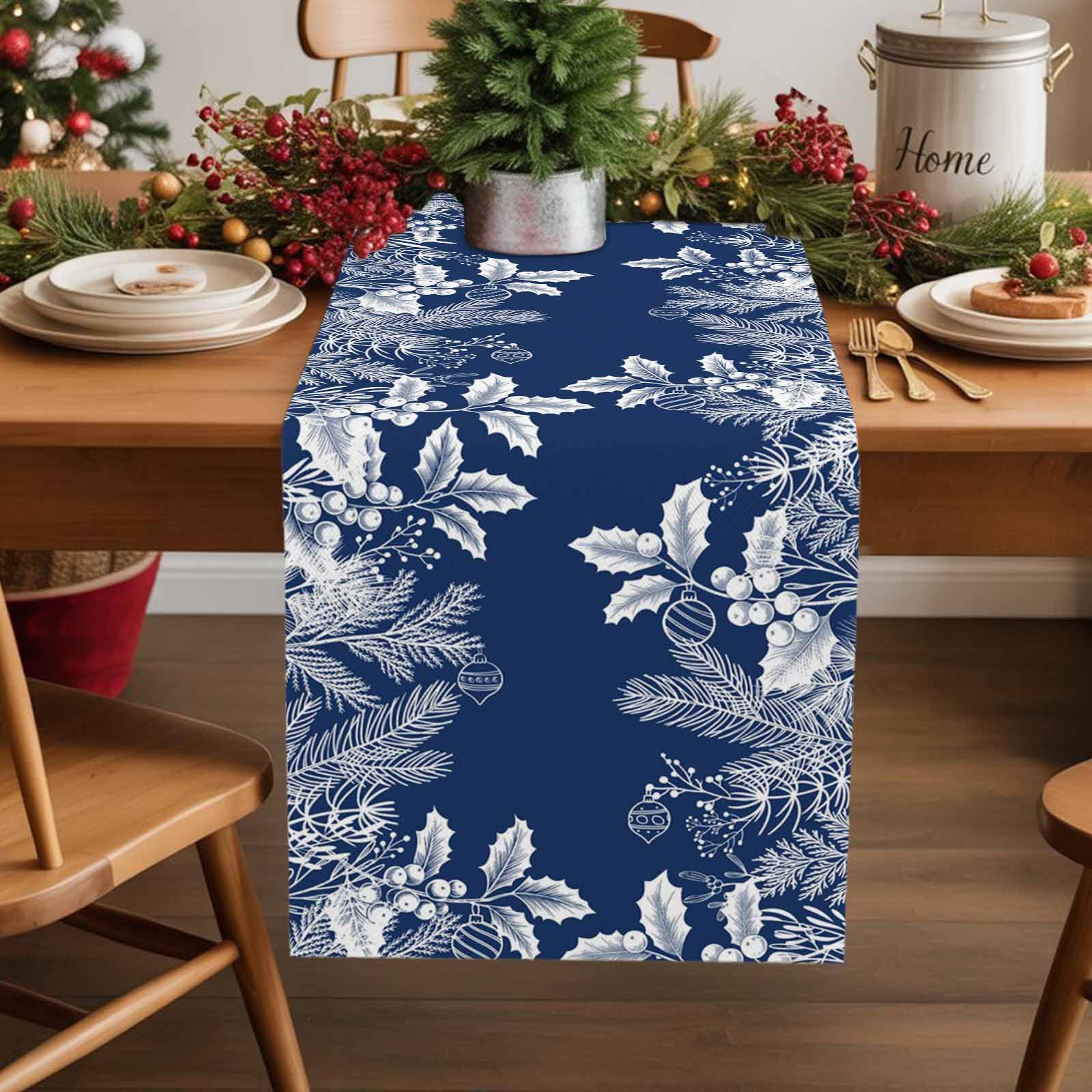 Burlap Table Runner 36 Inches Long,Christmas Balls Holly Berries Blue ...