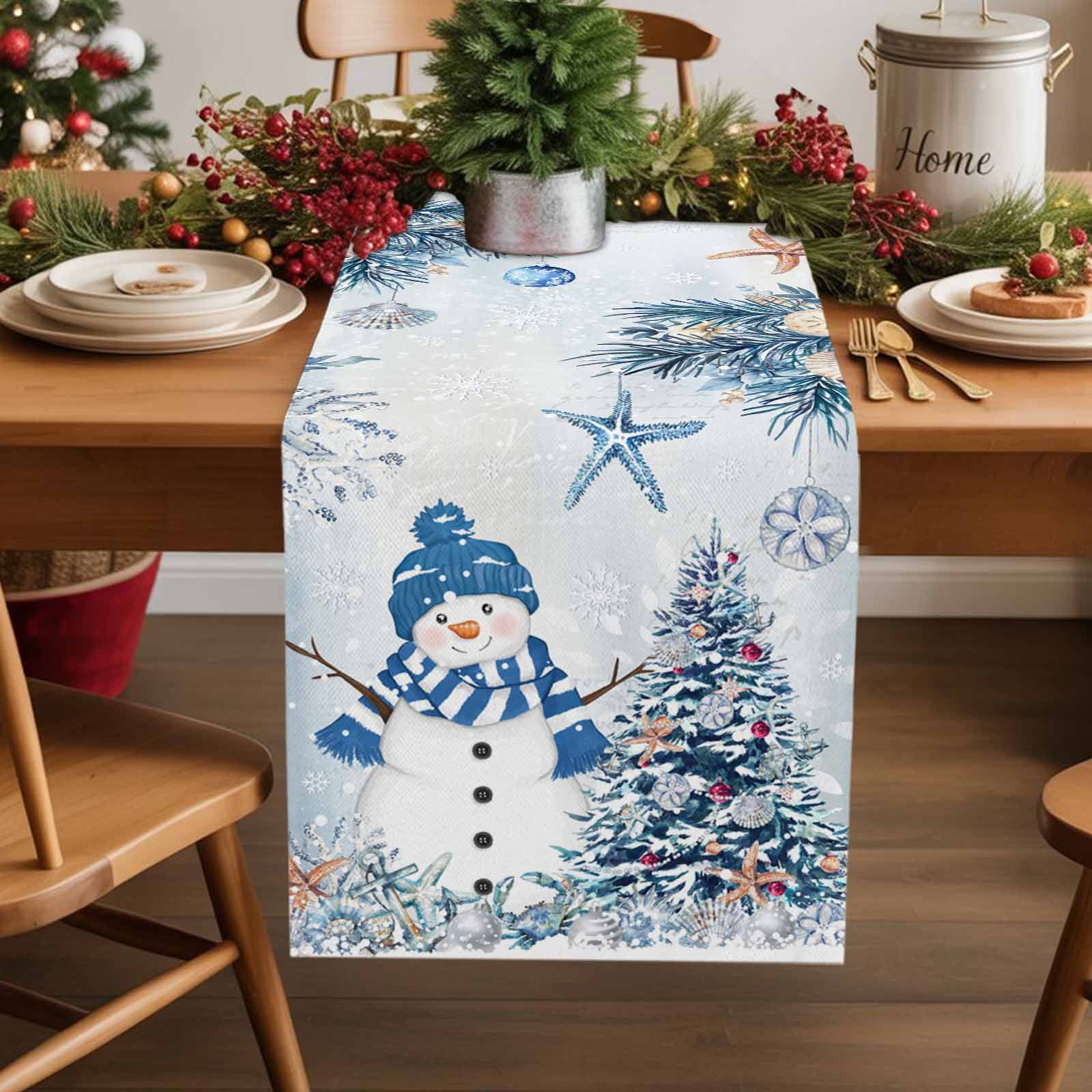 Burlap Table Runner 36 Inches Long,Christmas Blue Snowman Winter Pine ...