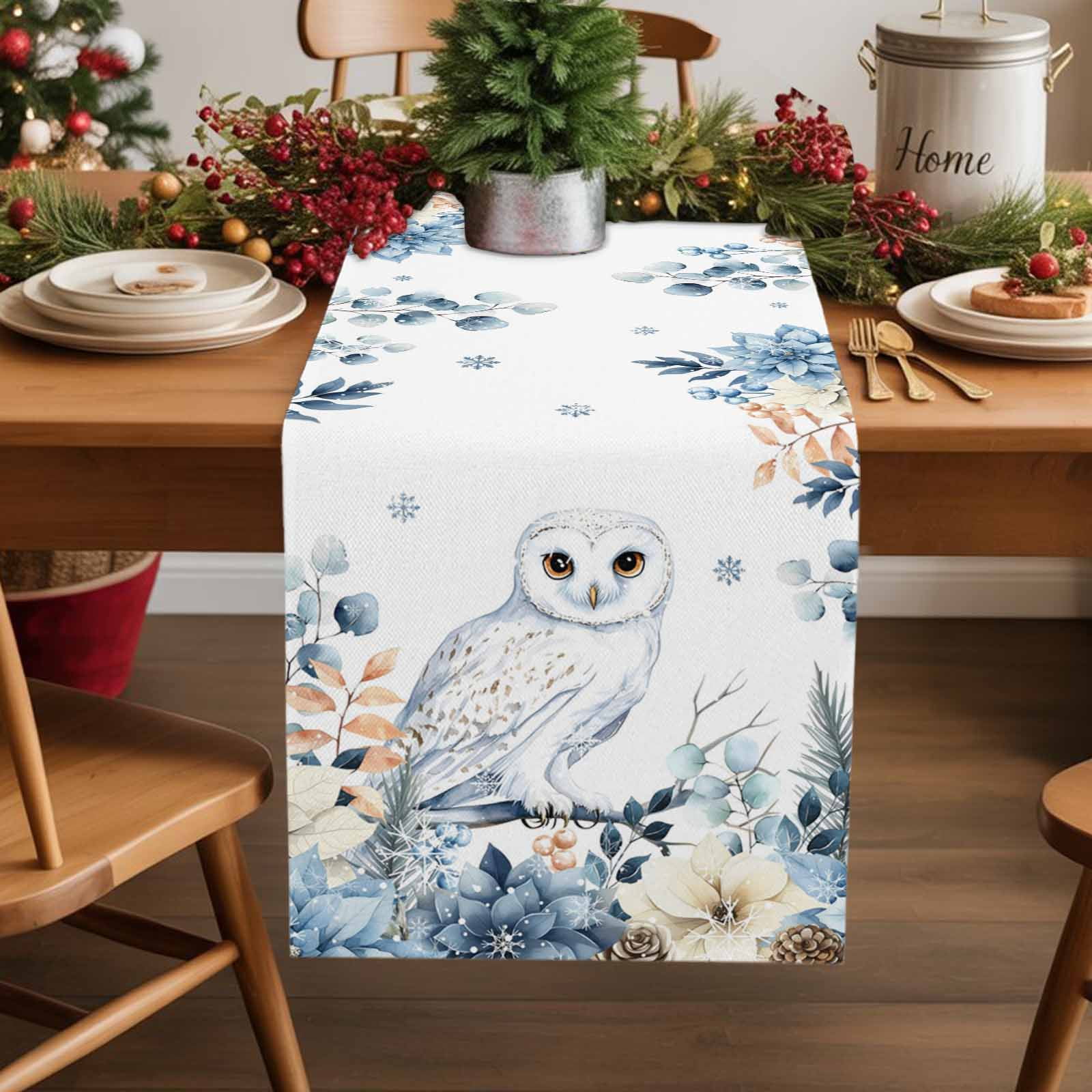 Burlap Table Runner 36 Inches Long,Christmas Owl Poinsettia Eucalyptus ...