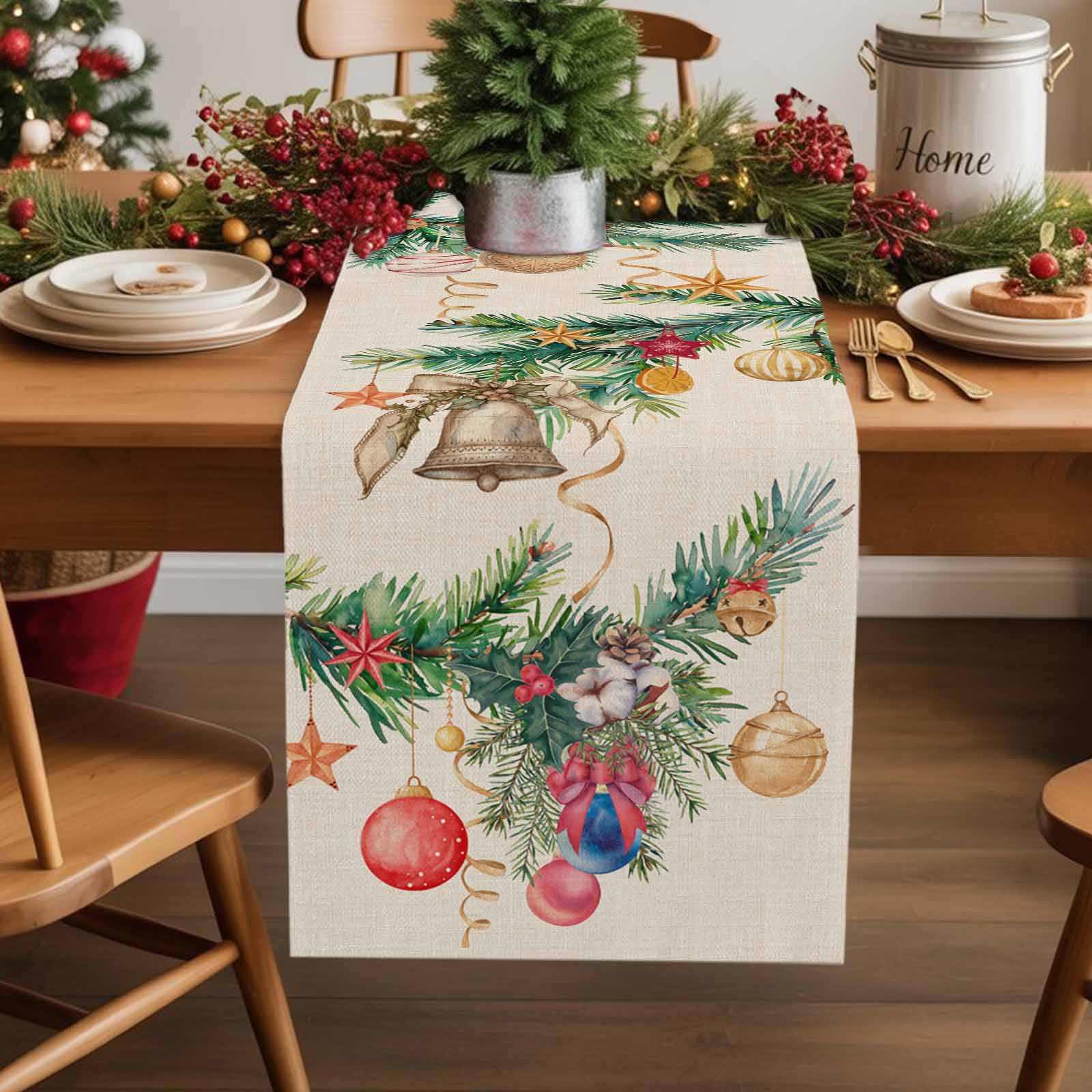 Burlap Table Runner 36 Inches Long,Christmas Pine Branches Balls Bells ...