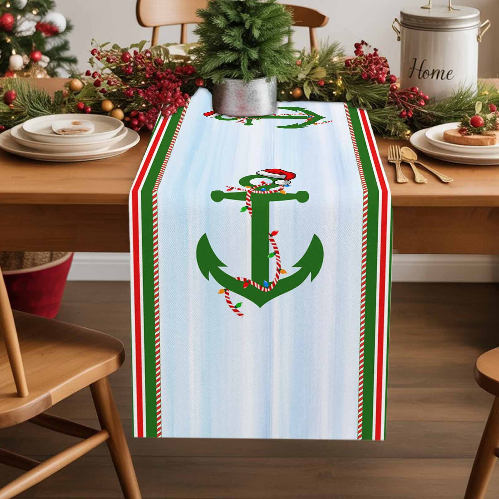 Burlap Table Runner 36 Inches Long,Christmas Santa Hat Anchor on Blue ...