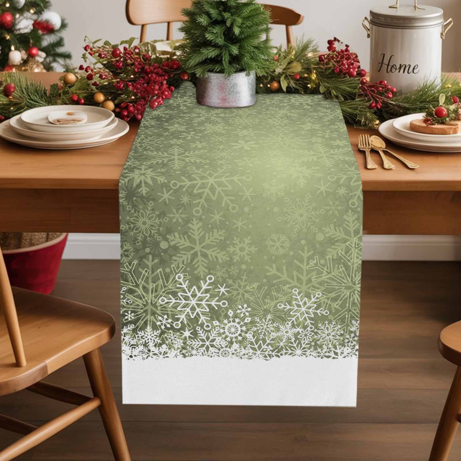 Burlap Table Runner 36 Inches Long,Christmas Snowflake on Sage Green ...