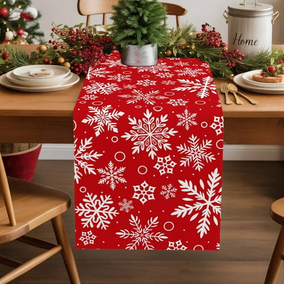 Burlap Table Runner 36 Inches Long,Christmas Snowflowers on Red Non ...