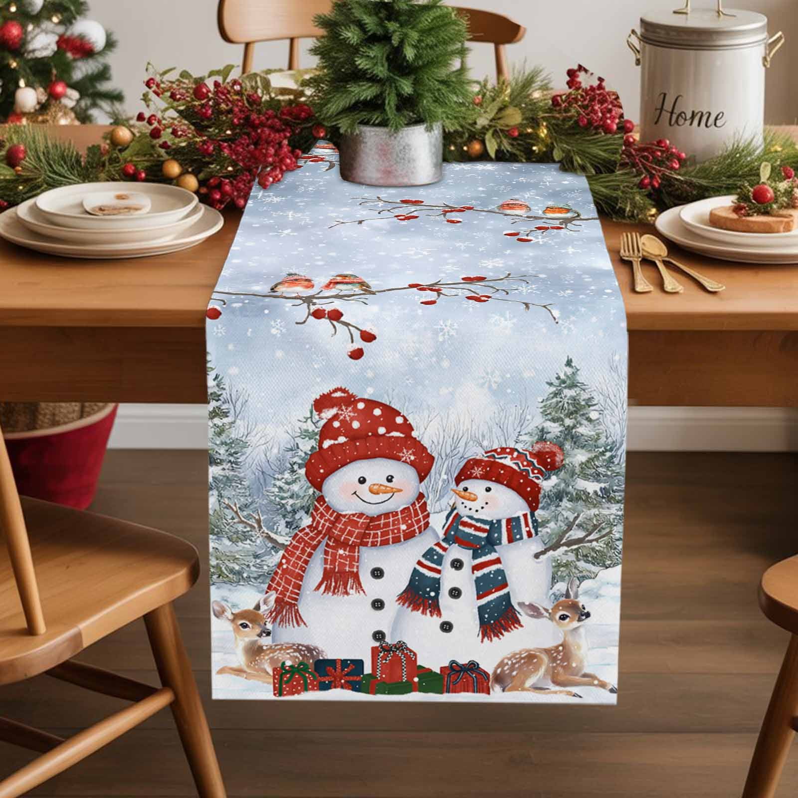Burlap Table Runner 36 Inches Long,Christmas Snowman Deer Robin on ...