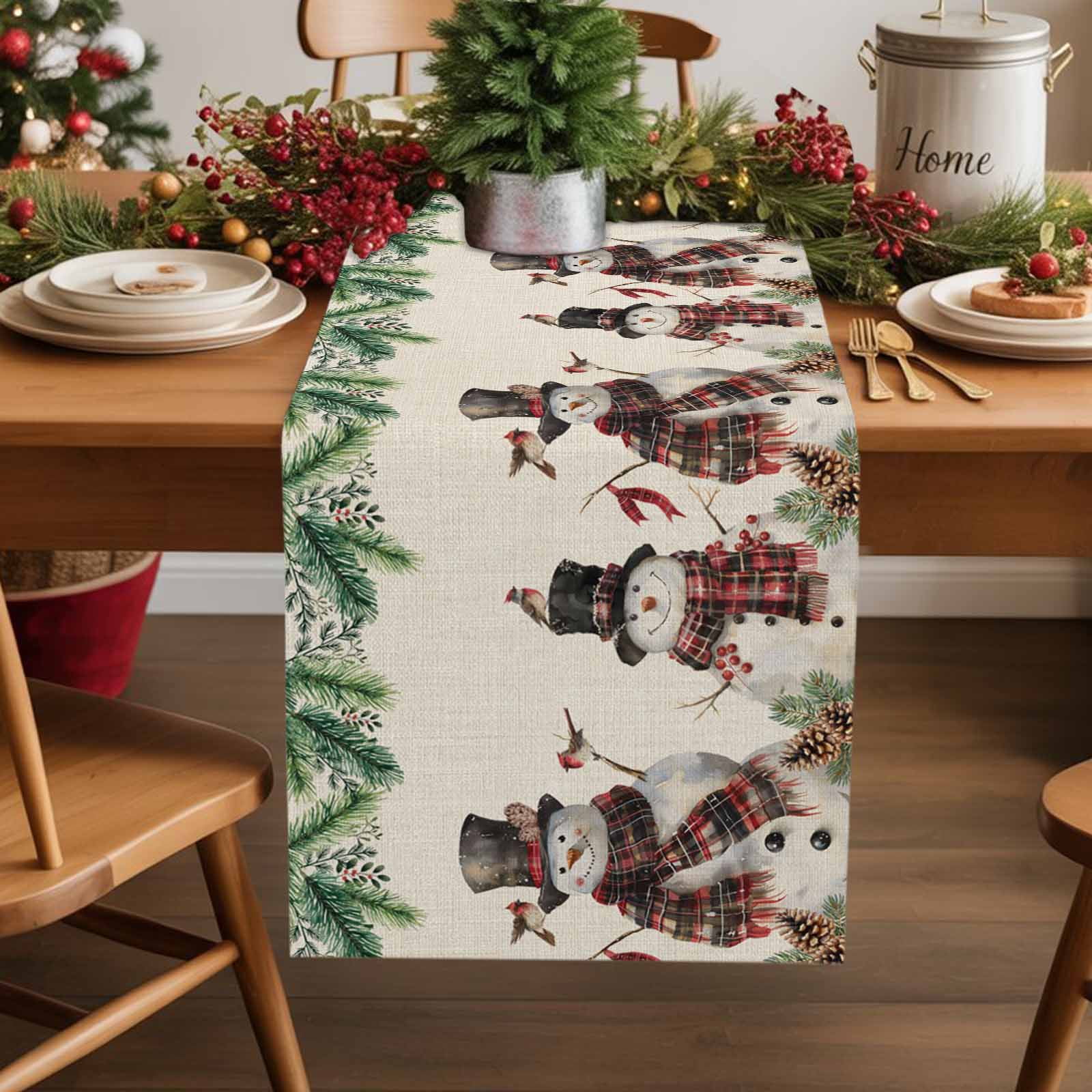 Burlap Table Runner 36 Inches Long,Christmas Snowman Pine Cone Non-Slip ...