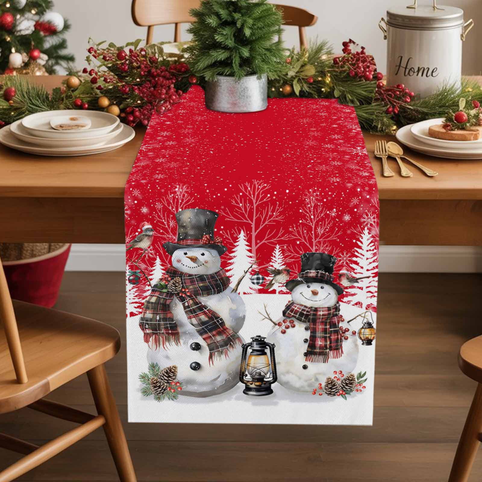 Burlap Table Runner 36 Inches Long,Christmas Snowman on Red Background ...