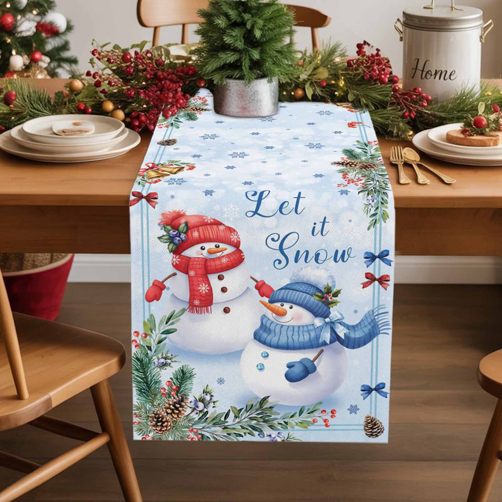 Burlap Table Runner 36 Inches Long,Christmas Snowman Snowflake Non-Slip ...