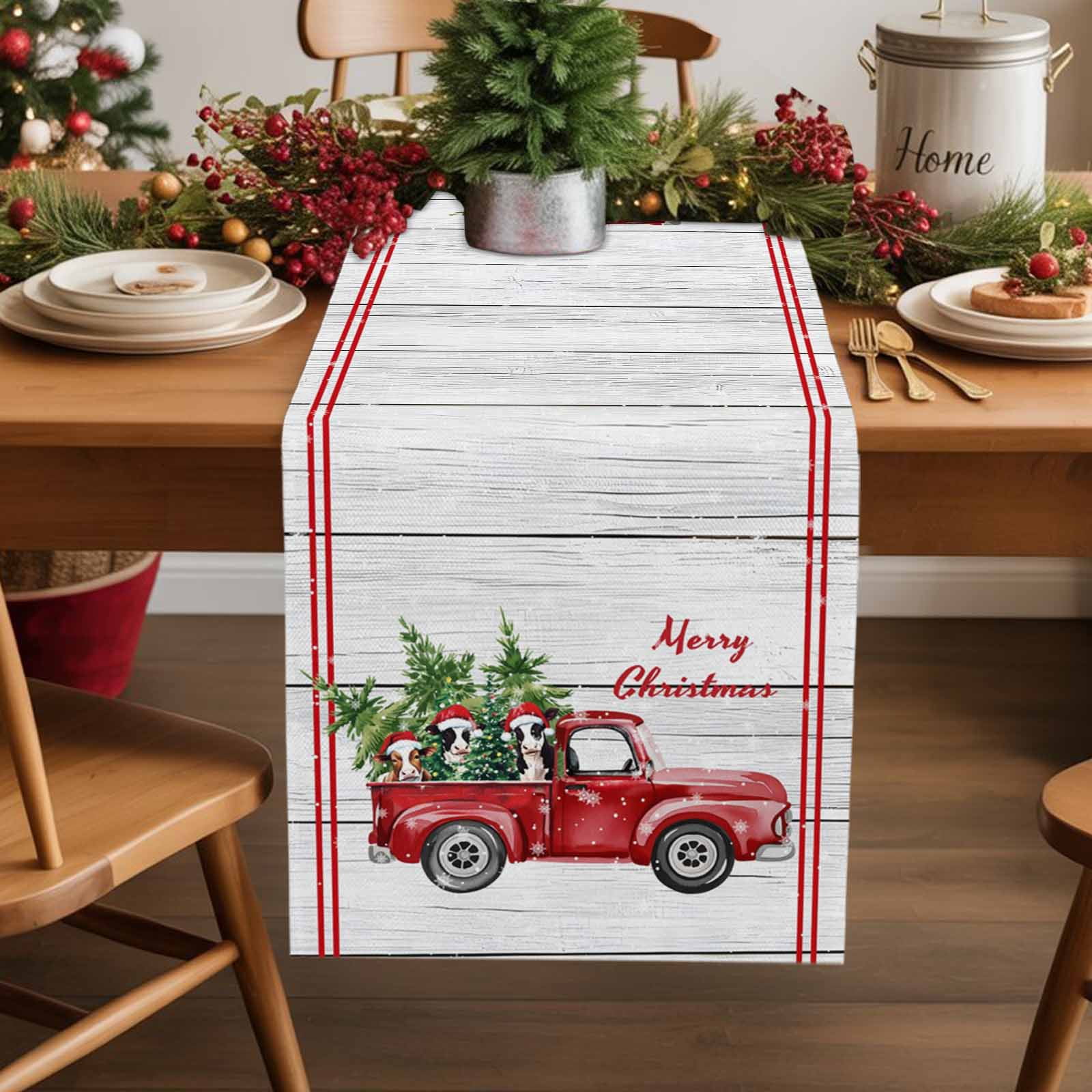 Burlap Table Runner 36 Inches Long,Christmas Tree Cow White Wood Plank ...