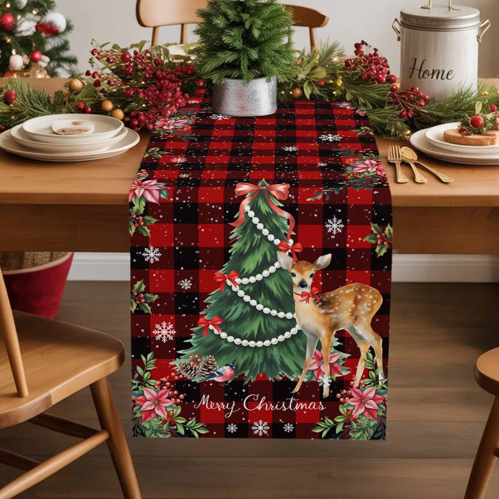 Burlap Table Runner 36 Inches Long,Christmas Tree Pink Flowers Non-Slip ...