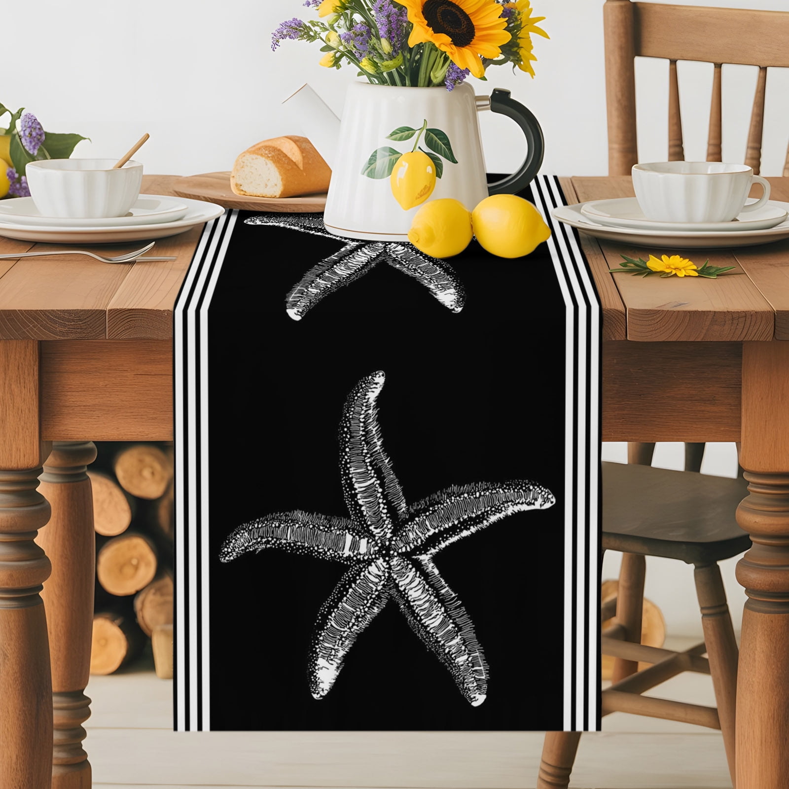 Burlap Table Runner 36 Inches Long, Coastal Marine Starfish Sketch Non ...