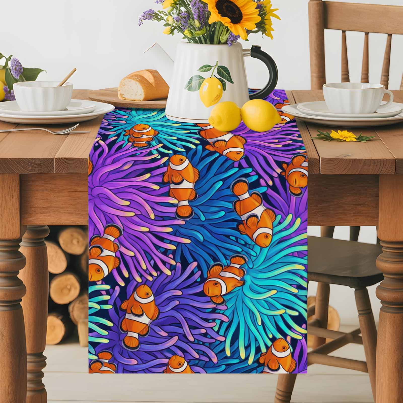 Burlap Table Runner 36 Inches Long, Coastal Orange Clownfish Coral Reef ...