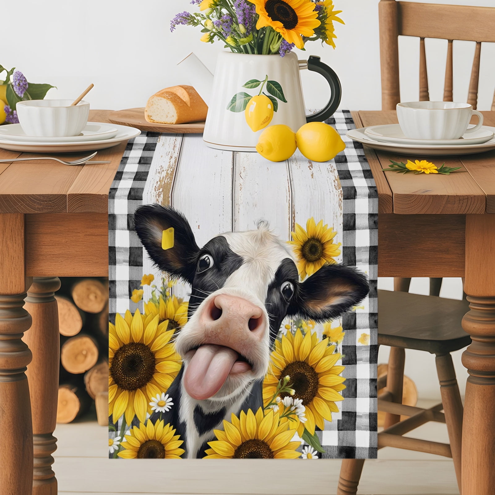 Burlap Table Runner 36 Inches Long, Country Abstract Cow Buffalo Check ...