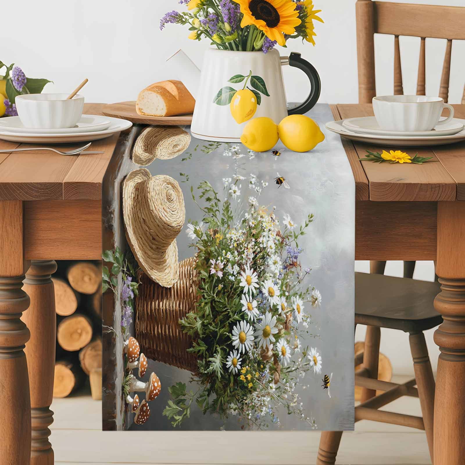 Burlap Table Runner 36 Inches Long, Country Farm Daisy Flowers Non-Slip ...