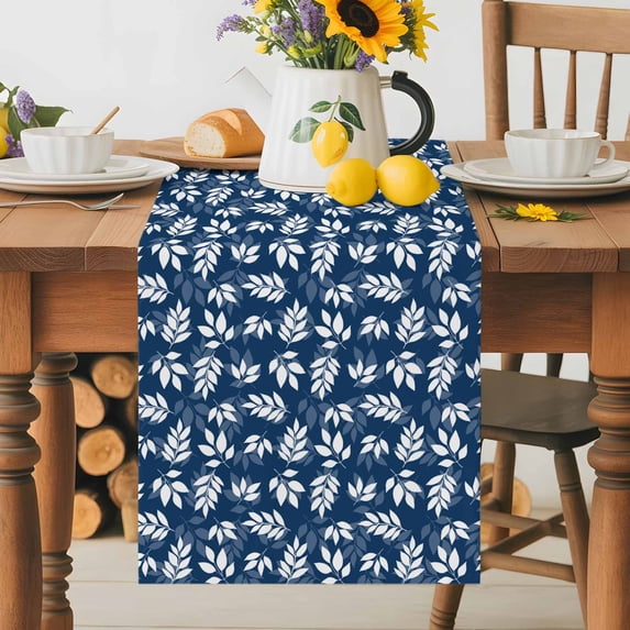Burlap Table Runner 36 Inches Long, Country Leaf Navy Blue Non-Slip ...