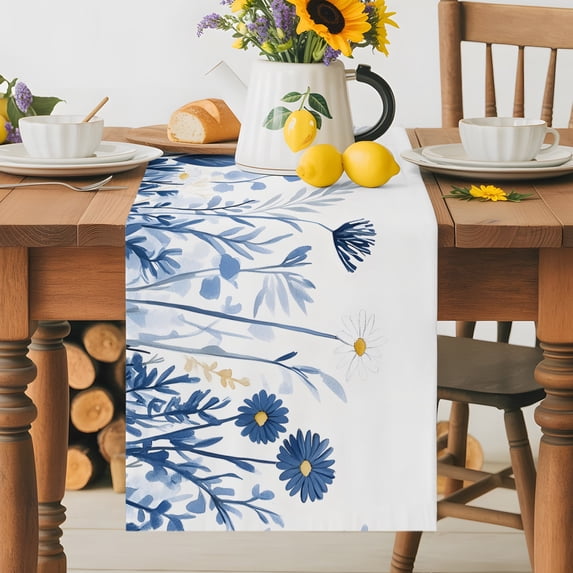 Burlap Table Runner 36 Inches Long, Country White Blue Flower Leaf Non ...