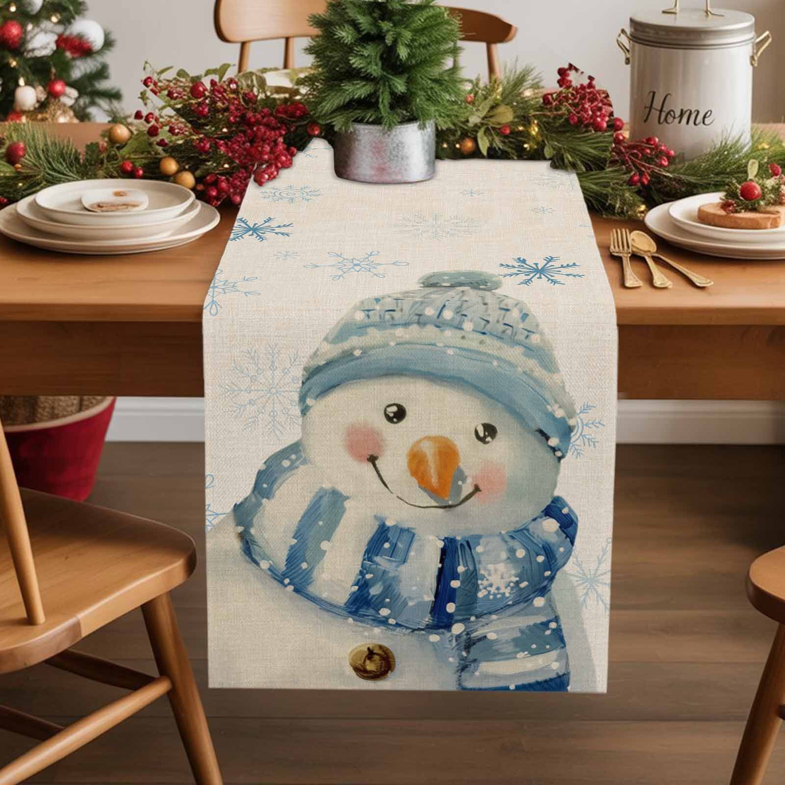 Burlap Table Runner 36 Inches Long,Cute Snowman Christmas Blue ...