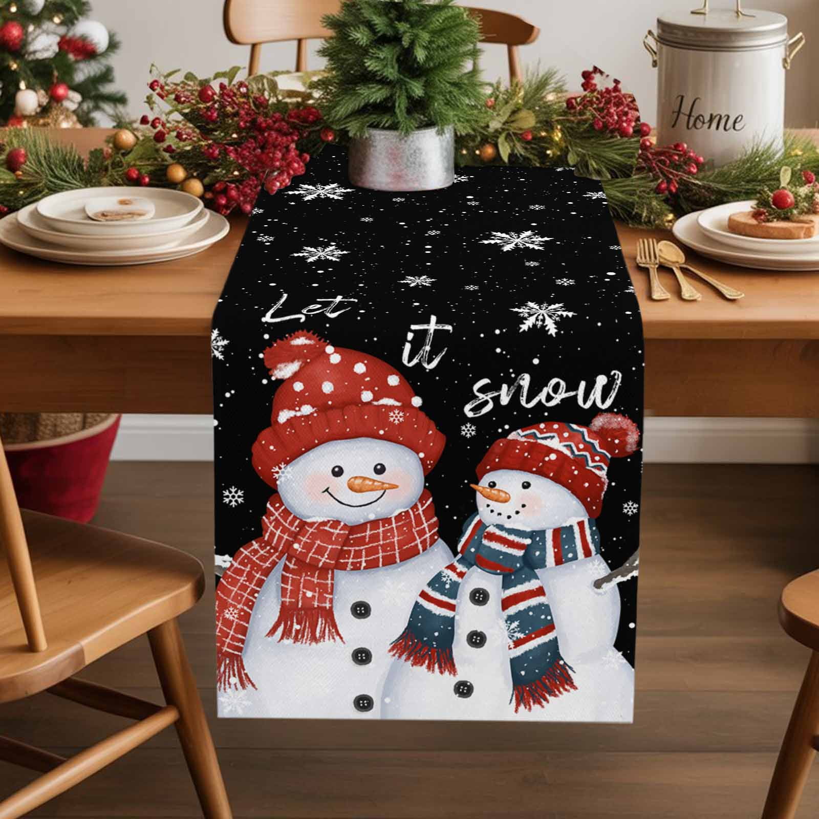 Burlap Table Runner 36 Inches Long,Cute Snowman Family Snowflakes Non ...